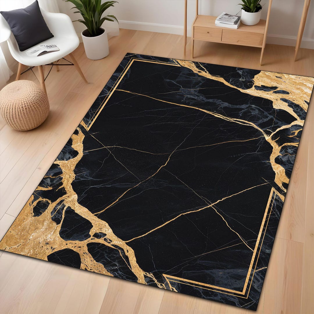 Black Gold Marble Rug, Modern Rug for Home Decor, Decorative Rug ...