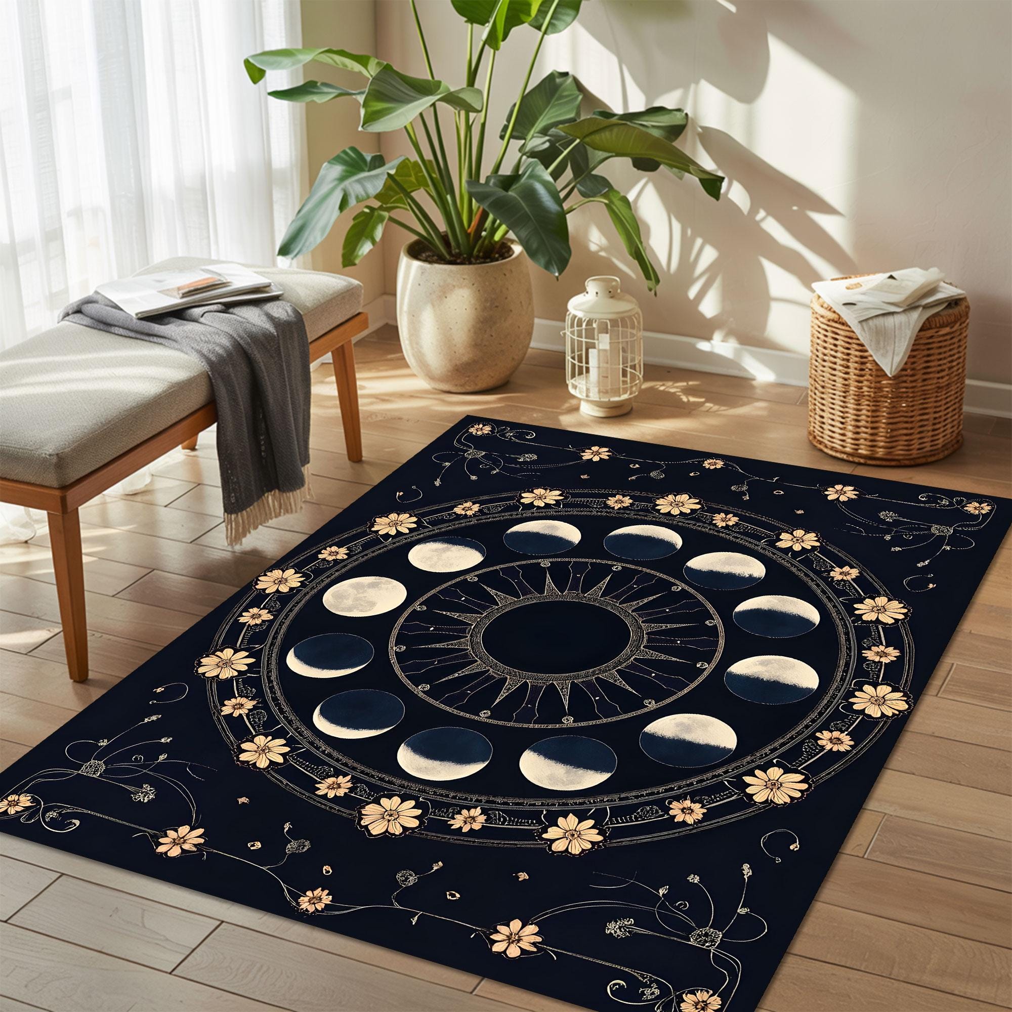 Moon and Flower Rug - Mystic Night Sky Area Rug With Stars & Astrology ...