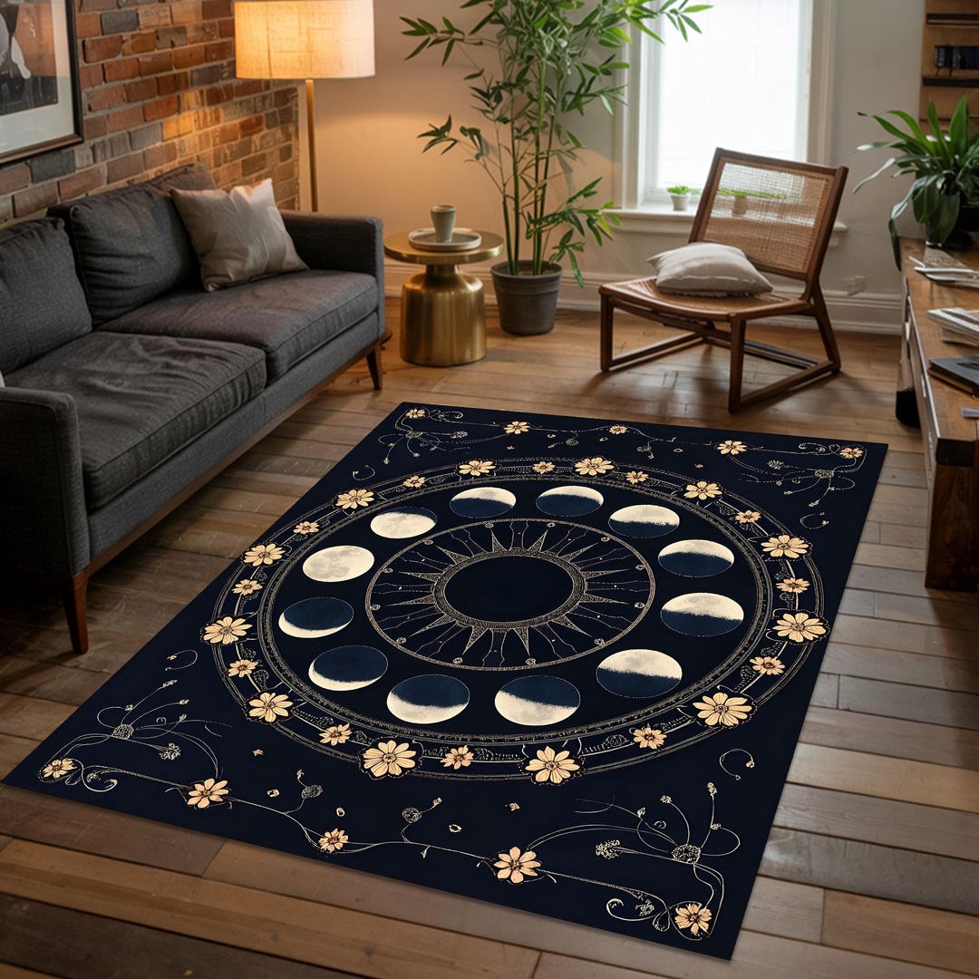 Moon and Flower Rug - Mystic Night Sky Area Rug With Stars & Astrology ...