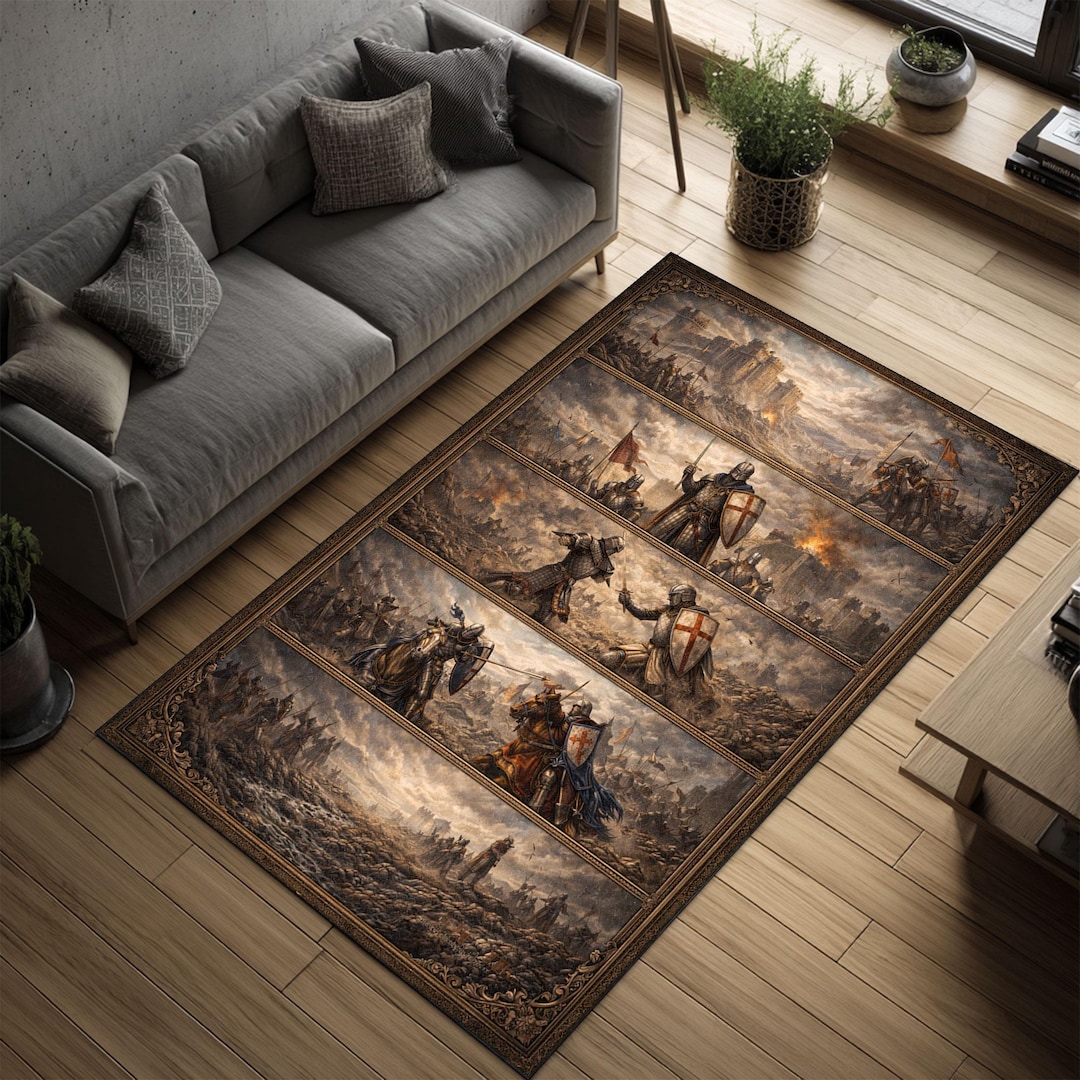 Medieval Knights Area Rug Carpet, Historical Battle Art Design, Vintage ...