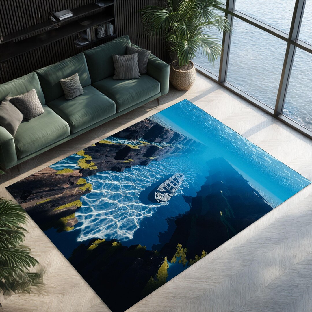 Underwater Blue Lagoon Rug Deep Ocean Scene Washable Non Slip Coastal ...