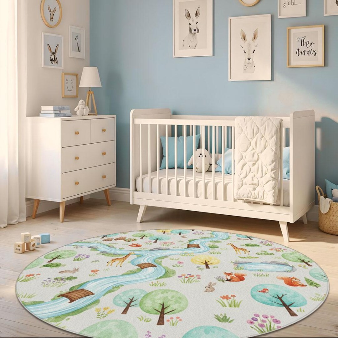 Forest Animal Playmat Round River Theme Nursery Rug Washable Non Slip ...