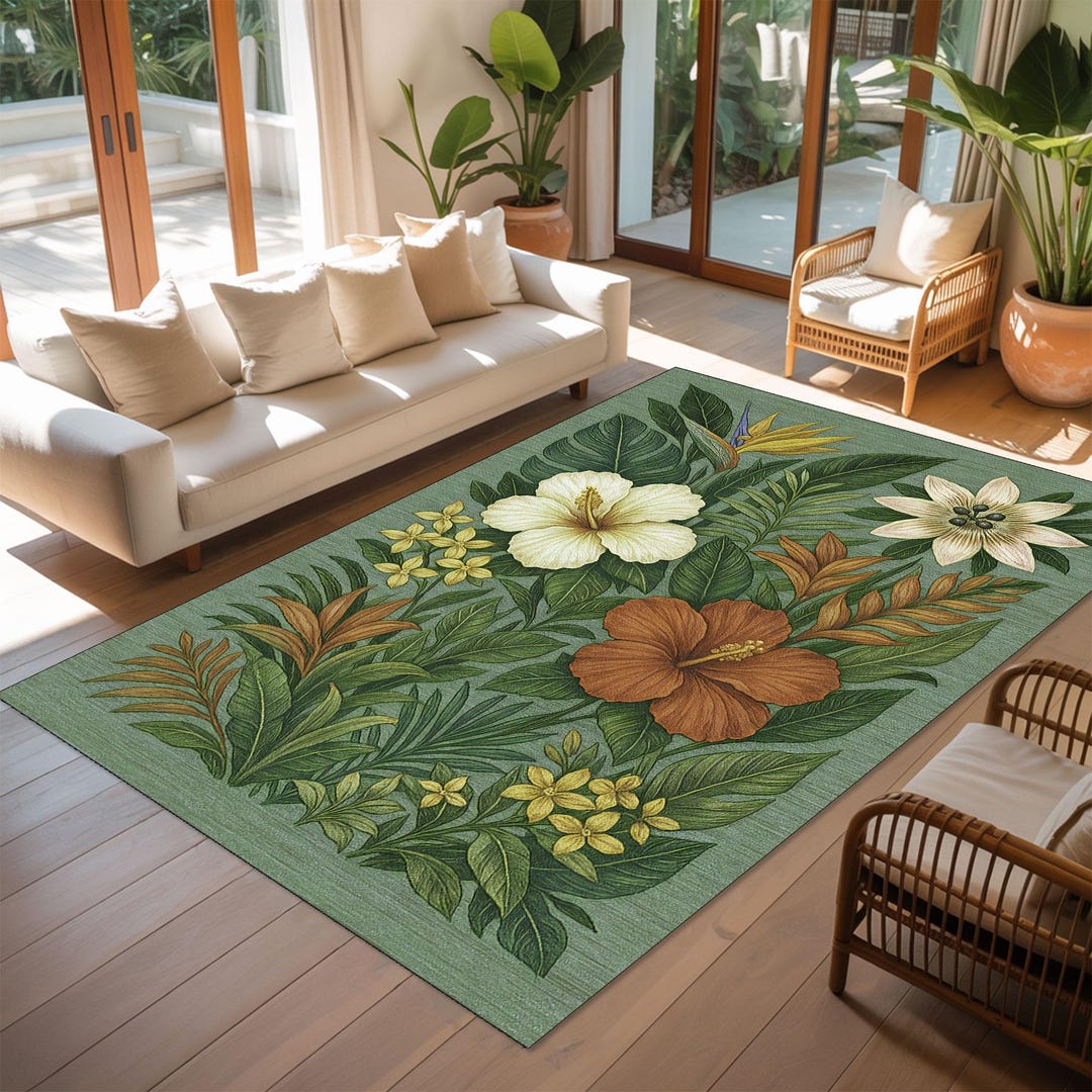 Fun Outdoor Tropical Rug, Floral Leaf Carpet, Hibiscus Area Rug, Green ...