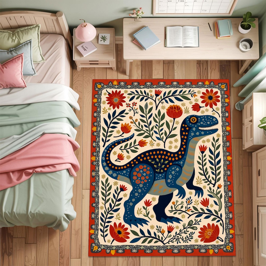 Colorful Dinosaur Rug – Whimsical Design With Vibrant Floral Patterns ...