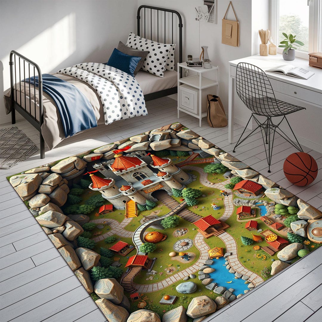 Fantasy Castle Rug With Medieval Village Map, 3D Fairytale Landscape ...
