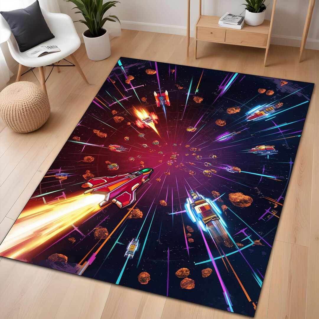 Retro Space Arcade Rug, Sci-fi Gamer Rug, Neon Galactic Battle Mat ...