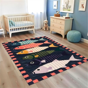 Colorful Fish Rug, Vibrant Striped Fish Design on Navy Background With ...