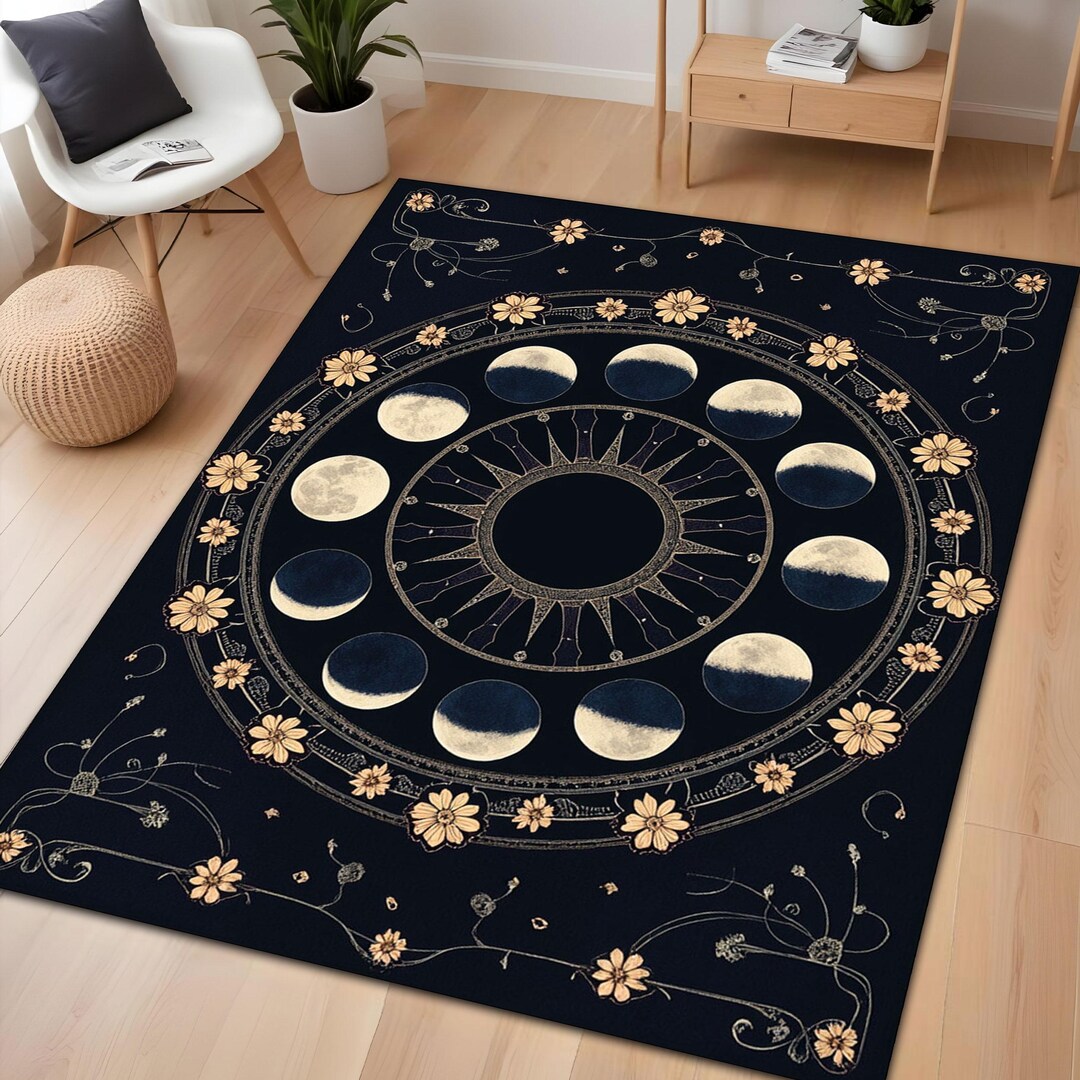 Moon and Flower Rug - Mystic Night Sky Area Rug With Stars & Astrology ...