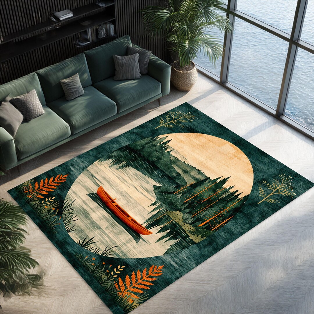 Forest Rug With Canoe and Moon, Nature Inspired Washable Carpet, Green ...