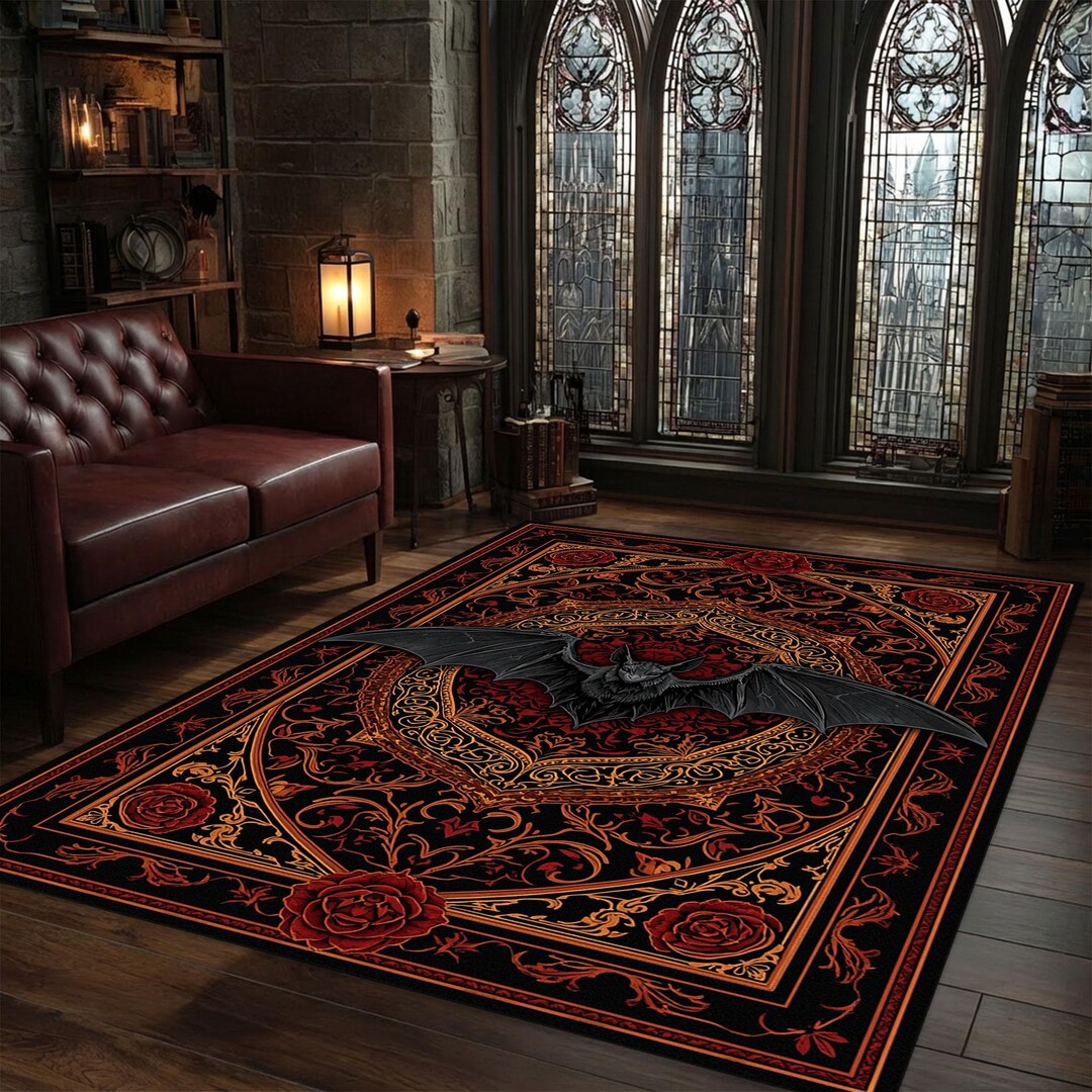 Gothic Bat and Rose Rug on Black, Ornate Gold and Red Baroque Floral ...