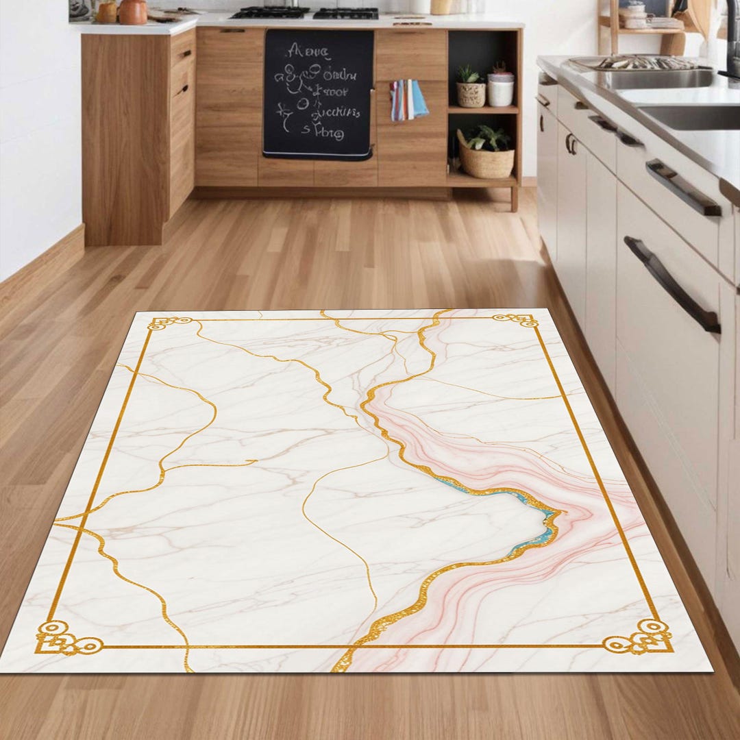 White Marble Area Rug With Gold and Pink Veins – Minimal Modern Carpet ...