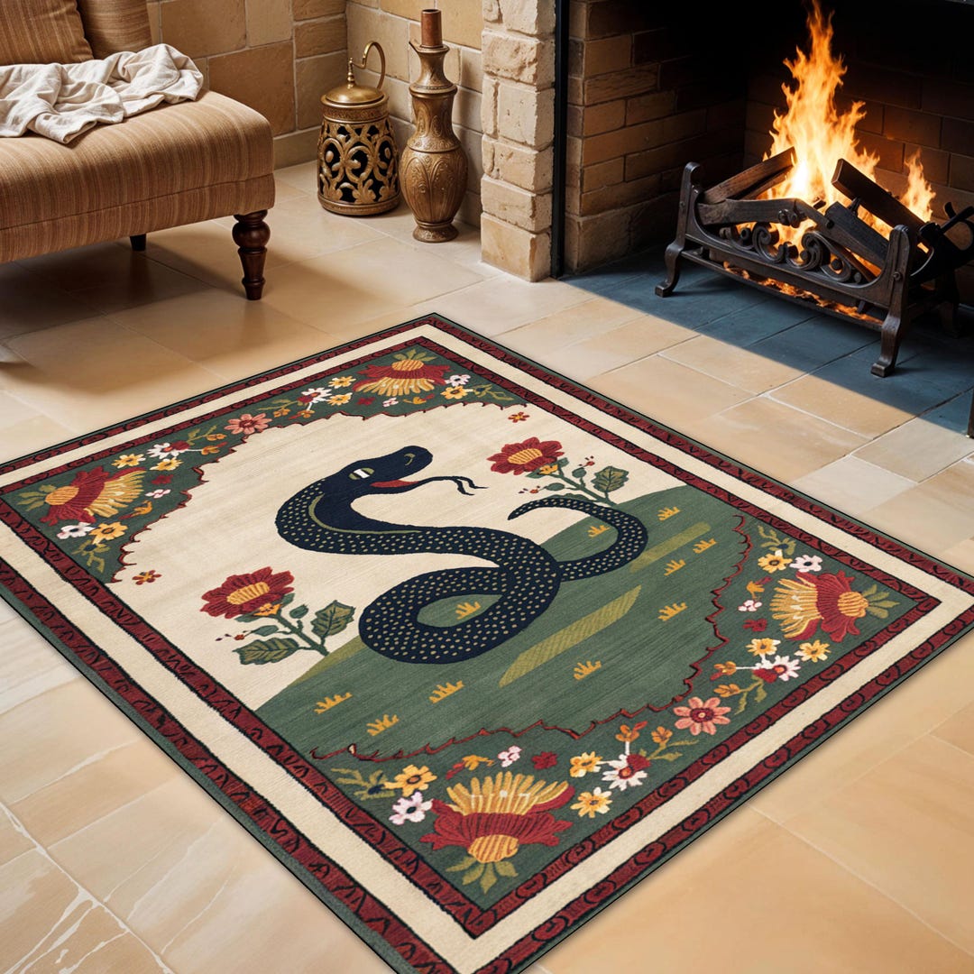 Cute Snake Rug With Flowers, Green Design Art Snake Decor, Washable ...