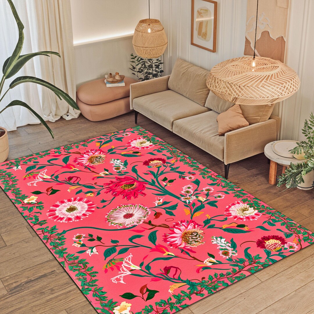 Pink Floral Botanical Design Rug, Cottagecore Garden Aesthetic Rug ...
