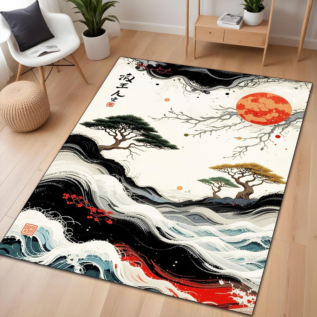 Japanese Art Rug, Ukiyo-e Inspired Floor Mat, Red Sun & Wave Rug, Zen ...