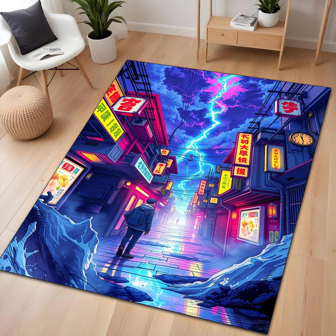 Cyberpunk Neon City Rug, Futuristic Street Art Rug, Sci-fi Vaporwave ...