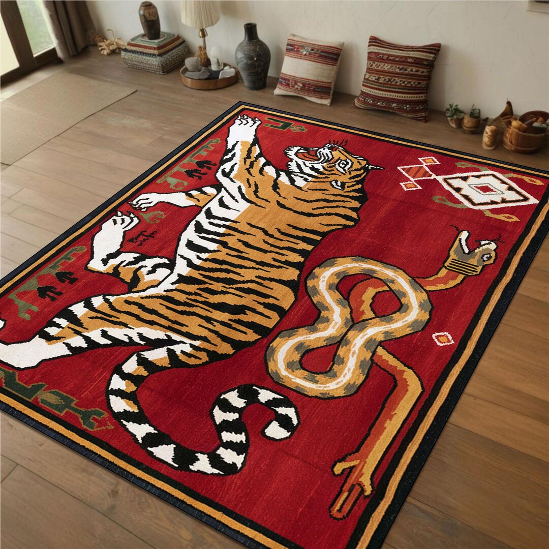 Tiger and Snake Rug, Tribal Tiger Rug, Bohemian Tiger Rug, Modern Tiger ...