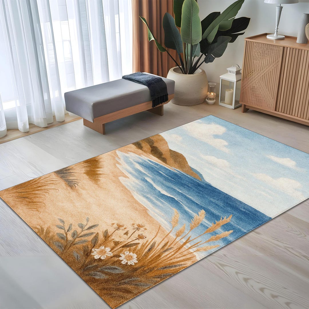 Coastal Beach Rug, Watercolor Ocean View, Summer Home Decor - Etsy