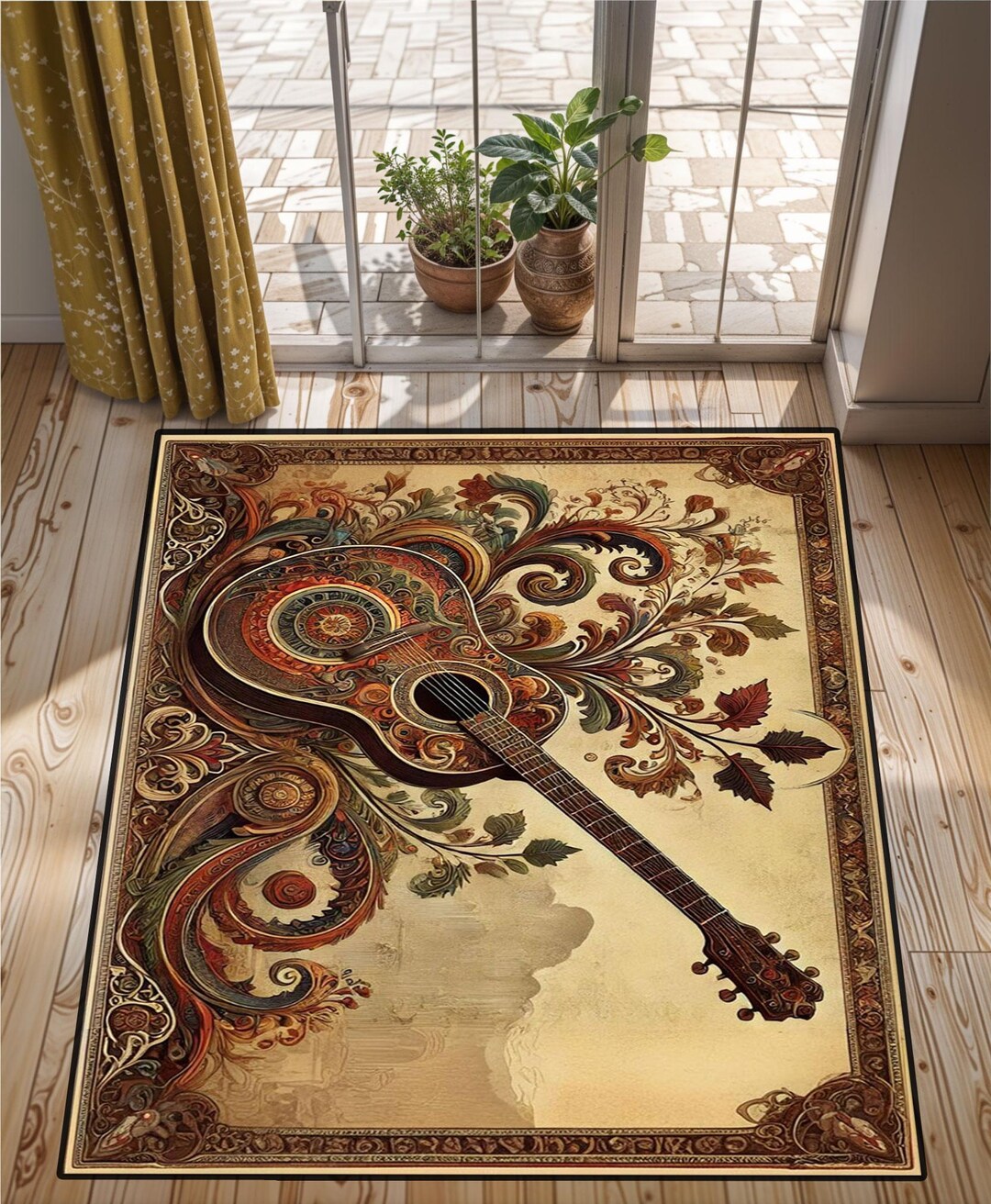 Retro Guitar Persian Style Rug, Guitar Themed Oriental Rug, Ideal for ...