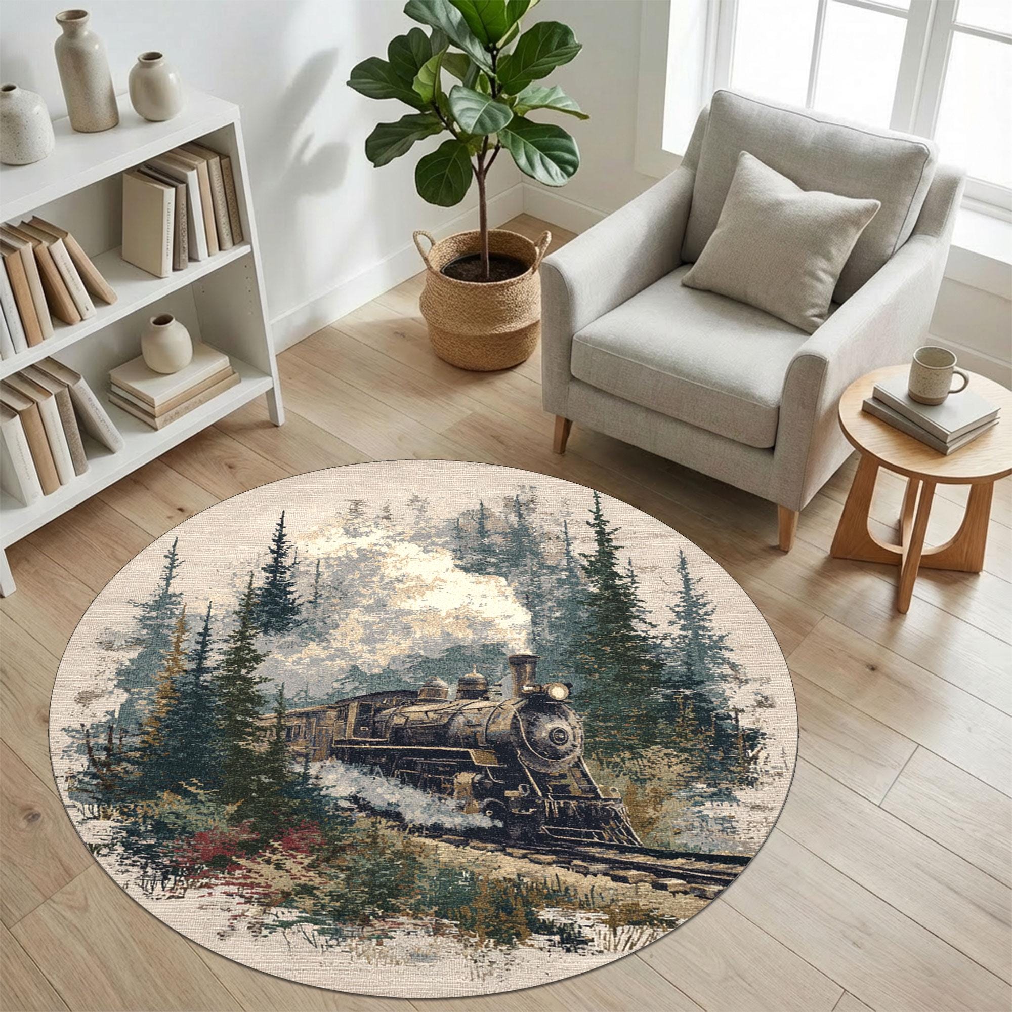 Vintage Train Round Rug, Steam Locomotive Landscape Carpet, Rustic ...
