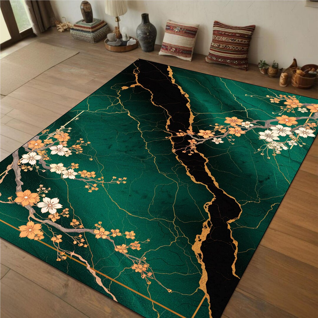 Luxurious Marble Rug With Gold Veins and Cherry Blossom Accents, Marble ...