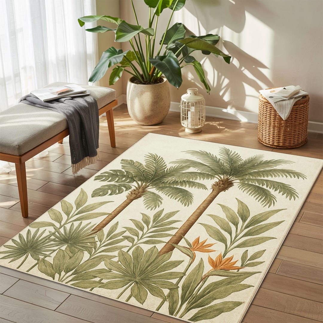 Vintage Palm Tree Rug With Tropical Botanical Illustration in Beige ...