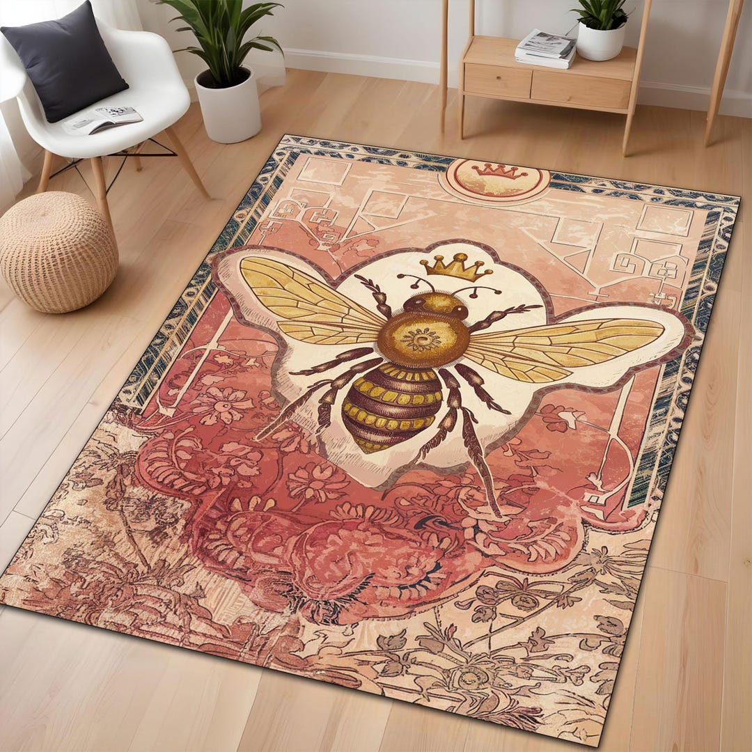Majestic Bee Rug With Crown and Floral Patterns Bee Rug, Honeycomb Area ...