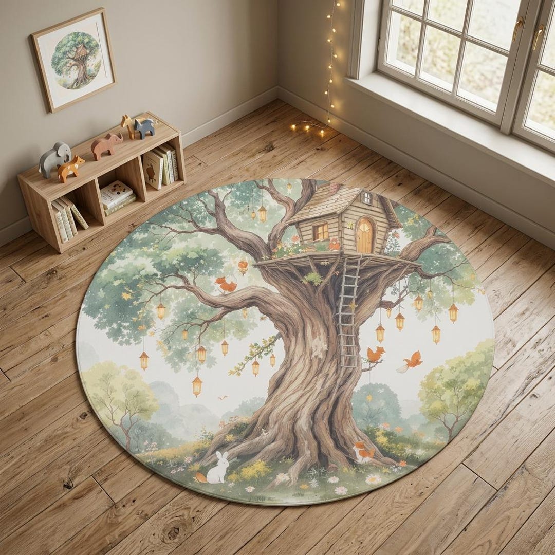 Kids Treehouse Rug Round Nursery Rug Woodland Play Mat Baby Room Decor ...