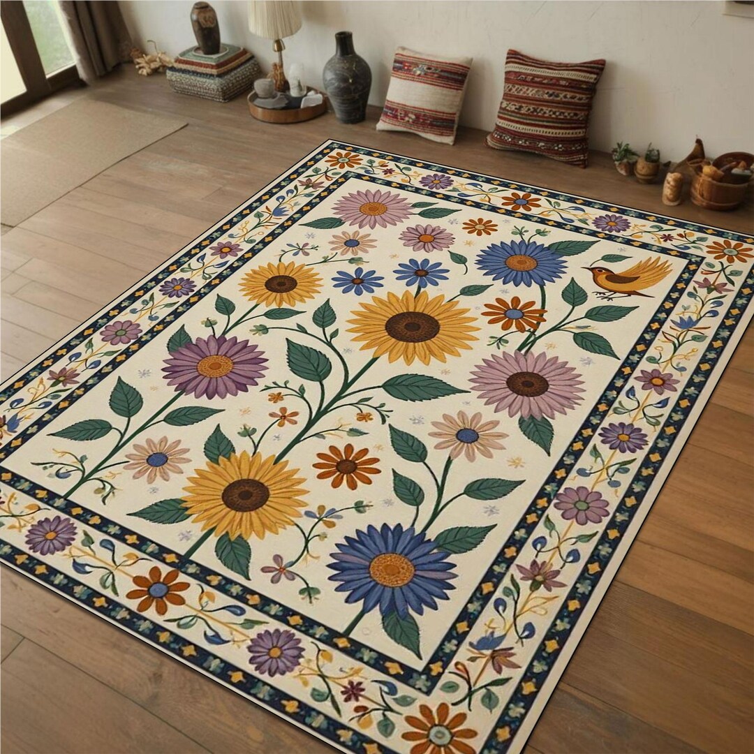 Bird Rug - Aesthetic Rug With Wild Flowers for Antique House Decor ...