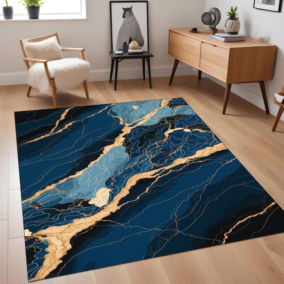 Elegant Blue and Gold Marble Design Rug - Contemporary Abstract Carpet ...
