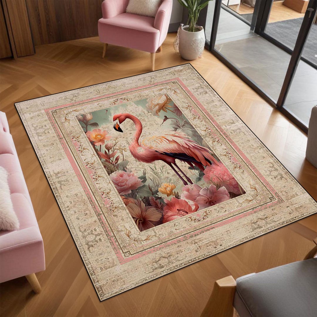Flamingo Rug, Animal Floral Persian Rug, Flamingo Art, Flamingo Decor ...