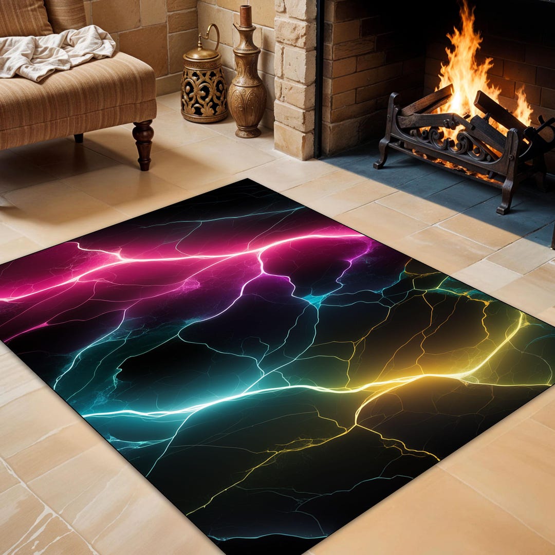 Modern Neon Electric Pattern Area Rug, Neon Lightning Bolt Area Rug ...
