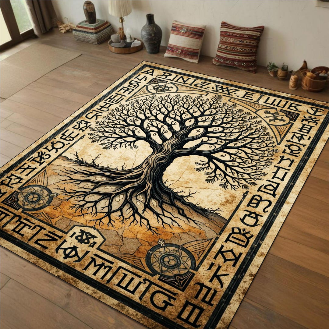 Yggdrasil Tree Rug, Nordic Mythology Rug, Viking Runes Floor Mat ...