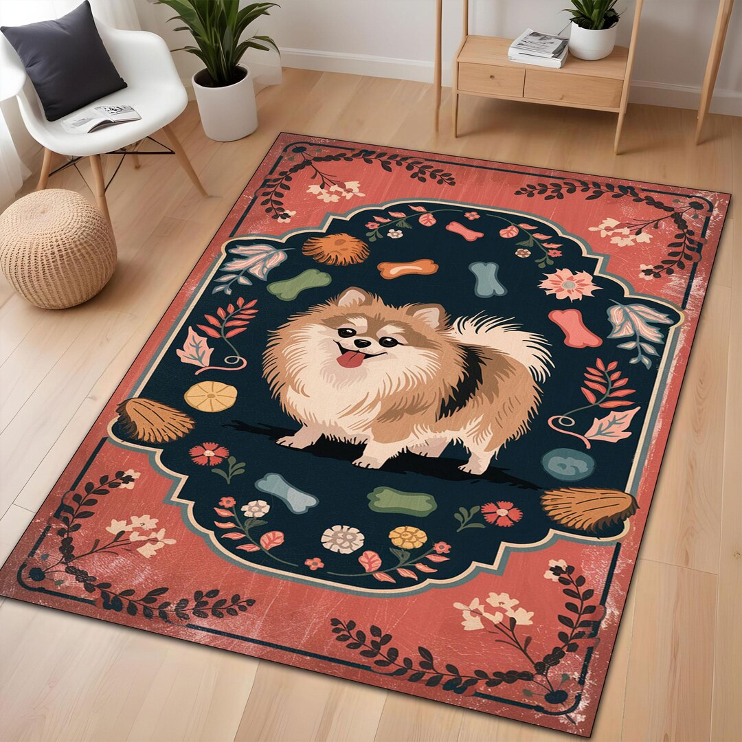 Pomeranian Dog Rug, Floral Dog and Bone Rug, Cute and Artistic Pet ...