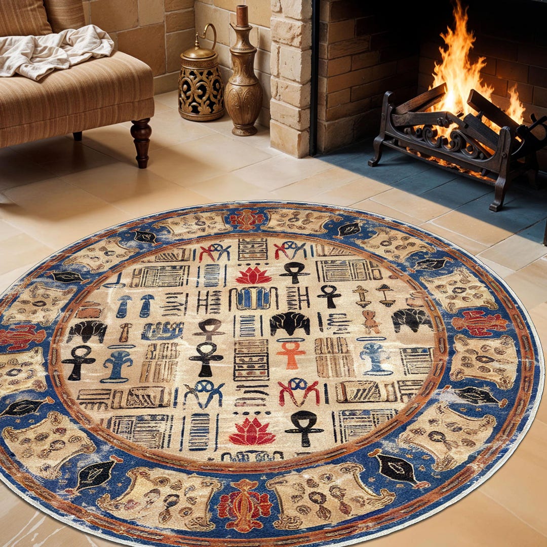 Ancient Egyptian Round Rug, Hieroglyphic Design Rug, Mystical Home ...