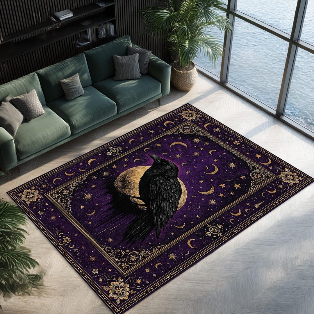 Purple Gothic Raven Rug, Moon and Celestial Details, Ornamental Gold ...