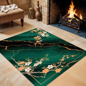 Luxurious Marble Rug With Gold Veins and Cherry Blossom Accents, Marble ...
