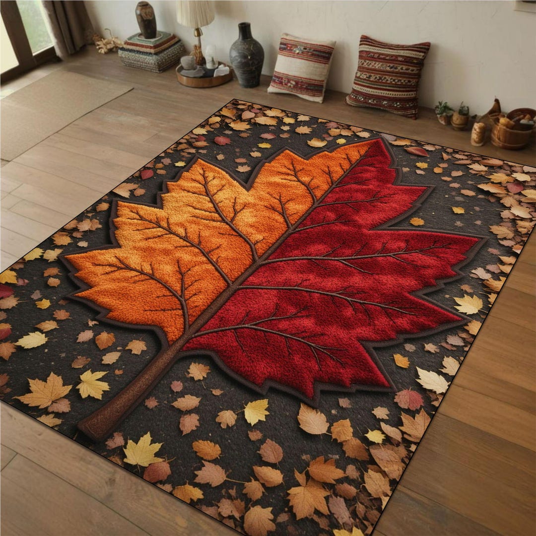 Red Orange Autumn Leaf Rug – Cozy Fall Rug for Nature Lovers, Seasonal ...