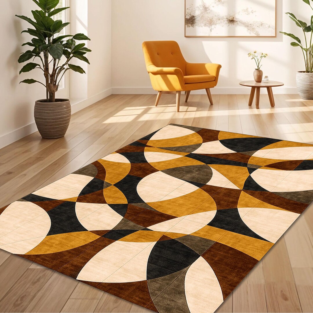 Retro Geometric Rug, Mid Century Modern Carpet, Orange Brown Abstract ...