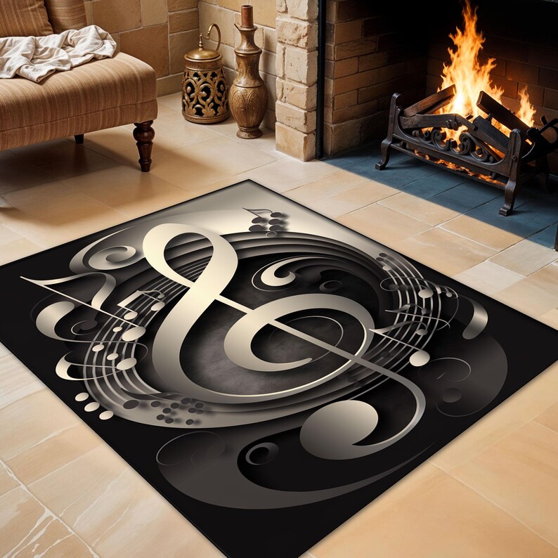 Dark Music Note Rug, Music Instrument Rug, Elegant Black and Gold ...