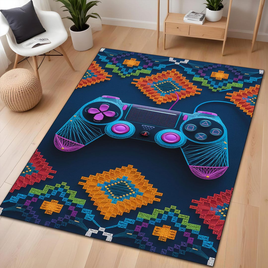 Vibrant Gaming Controller Rug With Colorful Geometric Patterns ...