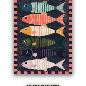 Colorful Fish Rug, Vibrant Striped Fish Design on Navy Background With ...