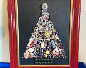 Handmade Vintage Jewelry Collage Christmas Tree, Framed Costume Jewelry ...