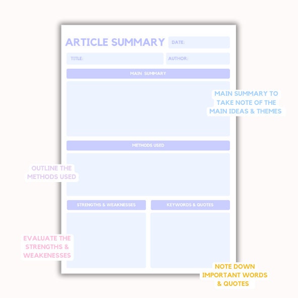 Article Summary Sheet, Literature Review, Digital College Note Taking ...