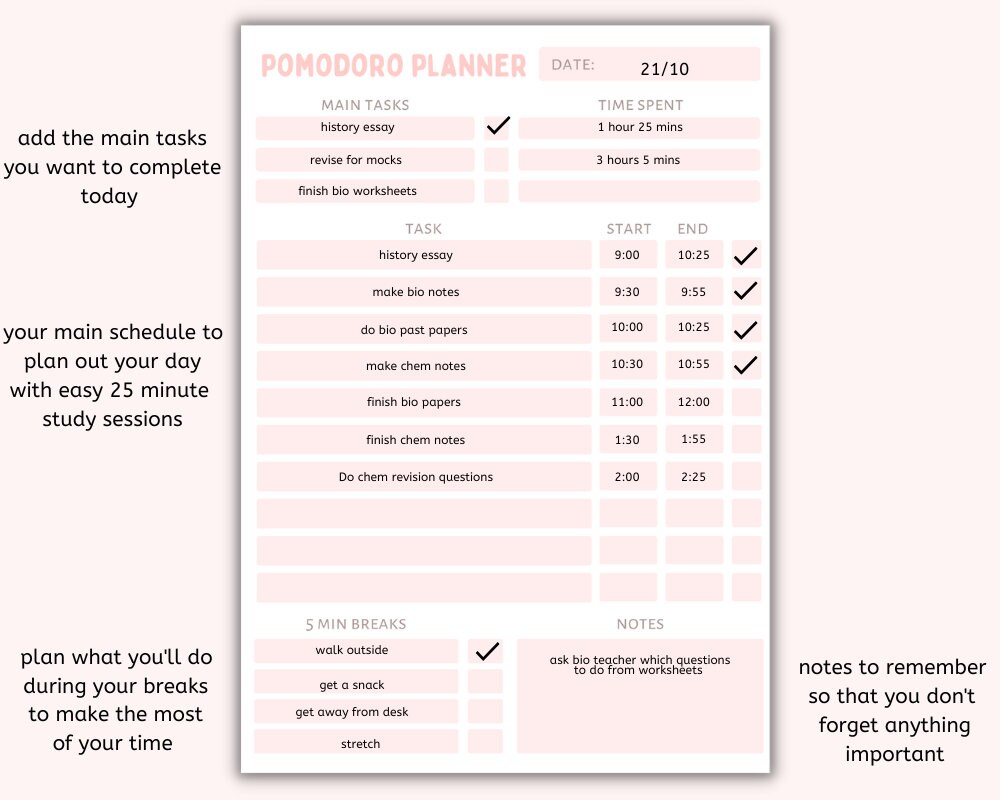 Pomodoro Planner Student Printable Pomodoro Tracker Study Technique ...