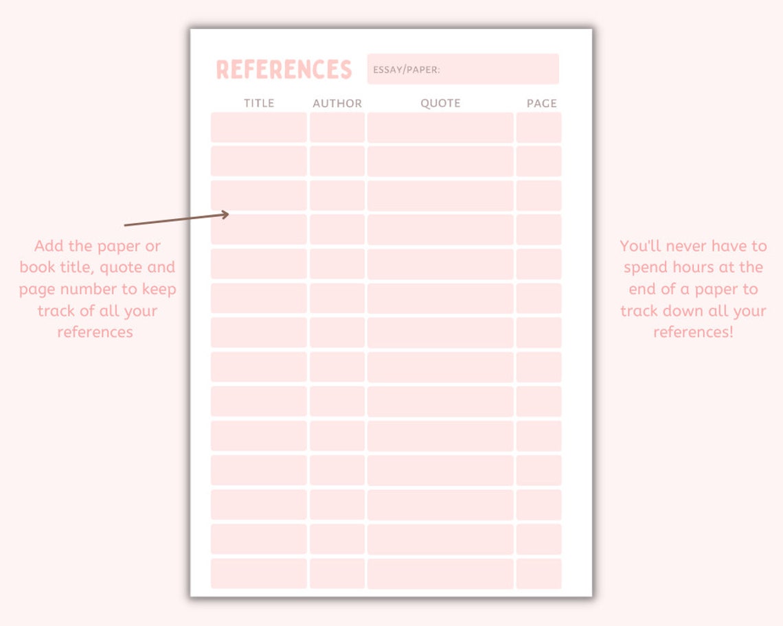 Student Printable Reference Tracker Assignment Essay Tracker Planner ...