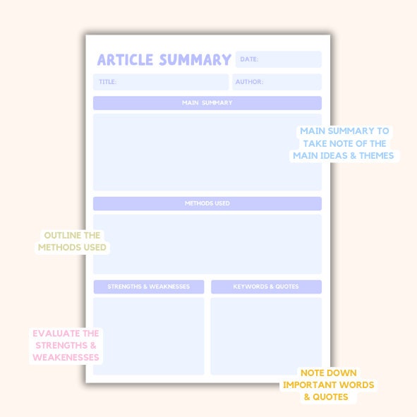 Article Summary Sheet, Literature Review, Digital College Note Taking ...