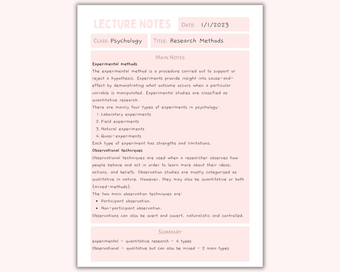 Study Lecture Notes Template Digital Revision Study Template Printable ...