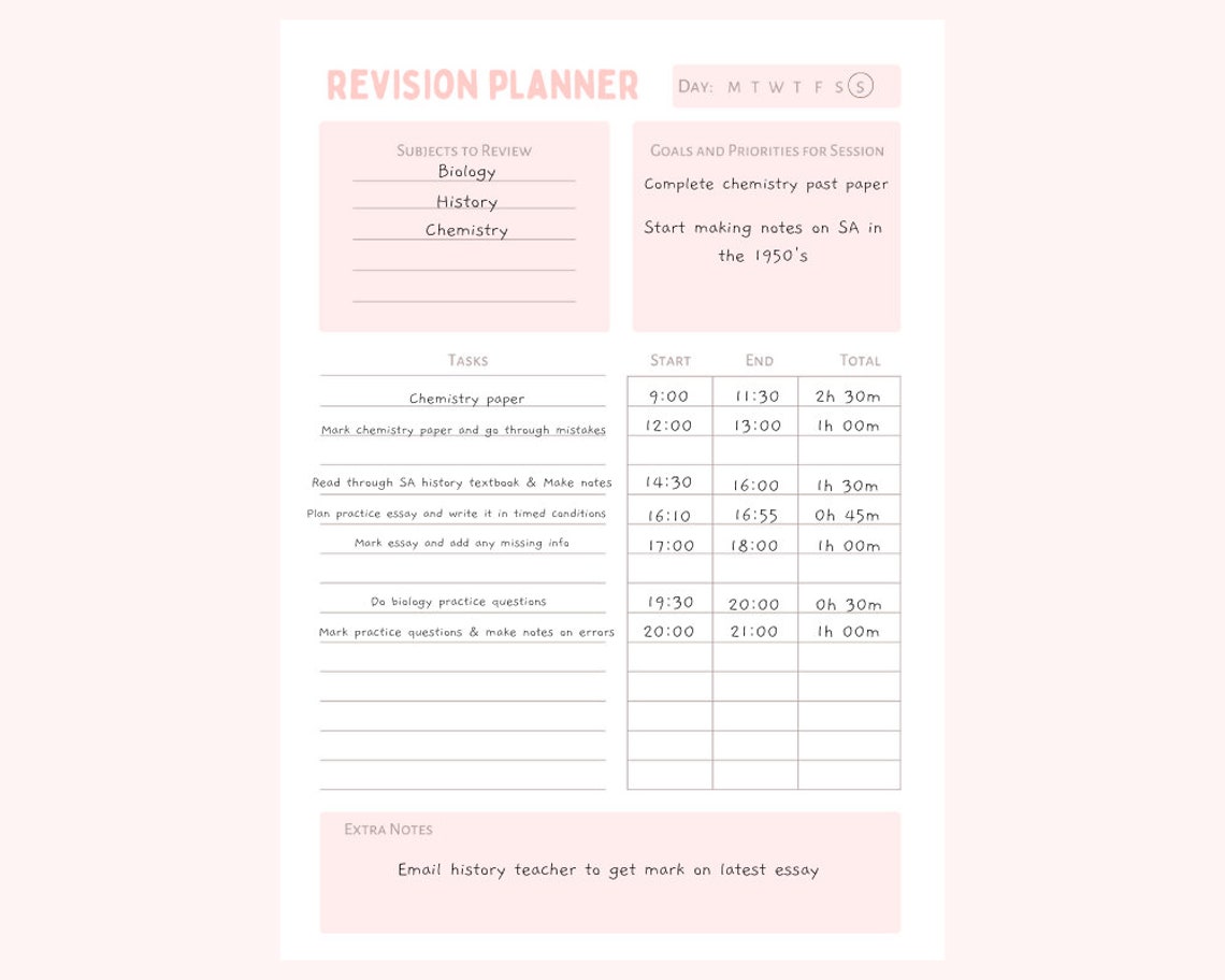 Revision Session Planner Timetable Printable Study Template Revision ...