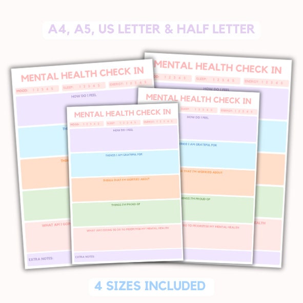 Mental Health Check in Worksheet Template, Daily Journal Prompts, Self ...