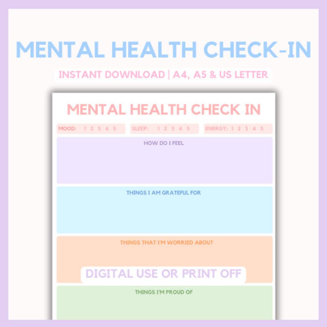 Mental Health Check in Worksheet Template, Daily Journal Prompts, Self ...